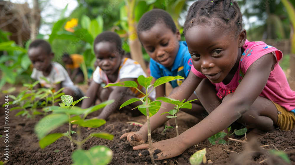 Children plant saplings in a community garden, symbolizing hope for the ...