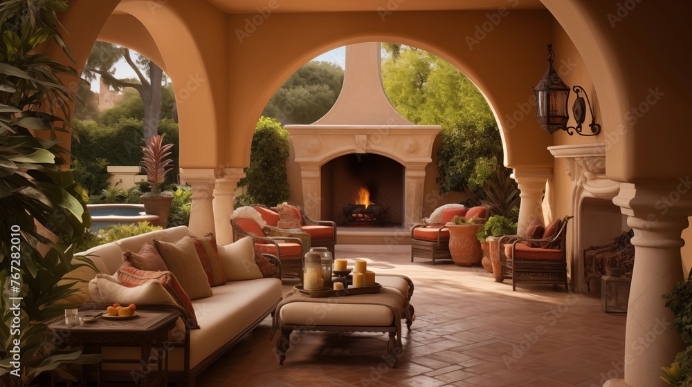 Mediterranean inspired outdoor living room with arched walkways shaded ...