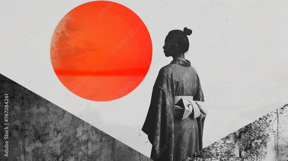 Japanese woman in national costume kimono. Geisha on the background ...