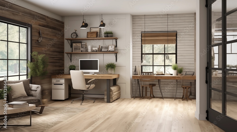 Modern farmhouse-inspired study with shiplap accent wall industrial ...