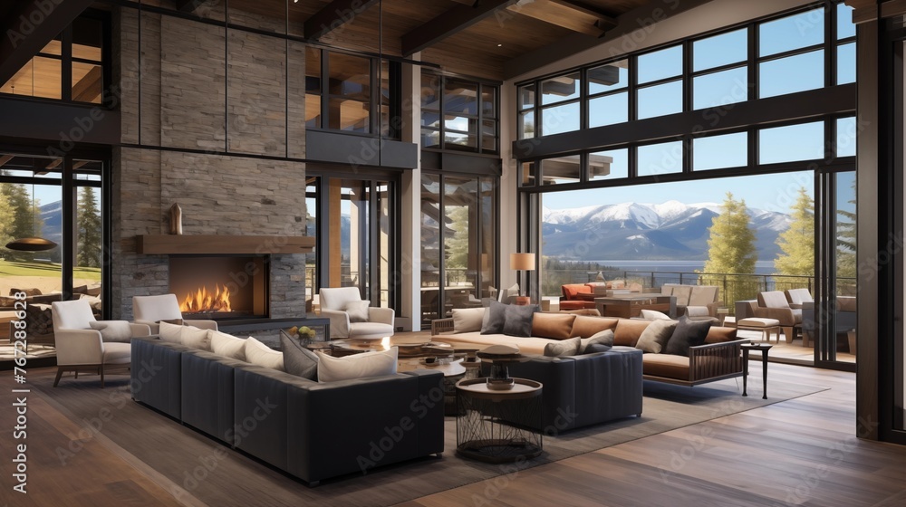 Mountain modern great room with towering two-story windows sliding barn ...
