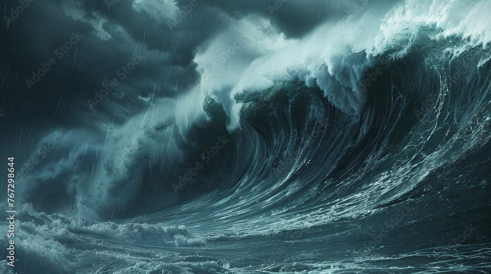dramatic scene of giant tsunami waves against a dark stormy sky ...