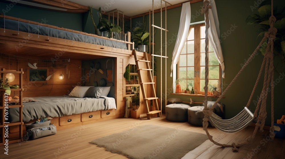 Kids' fort-inspired bedroom with indoor treehouse loft swing rope ...