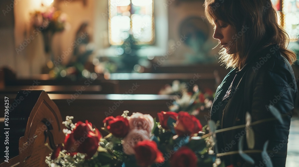 people at a funeral in a church, woman holding rose flowers by the ...