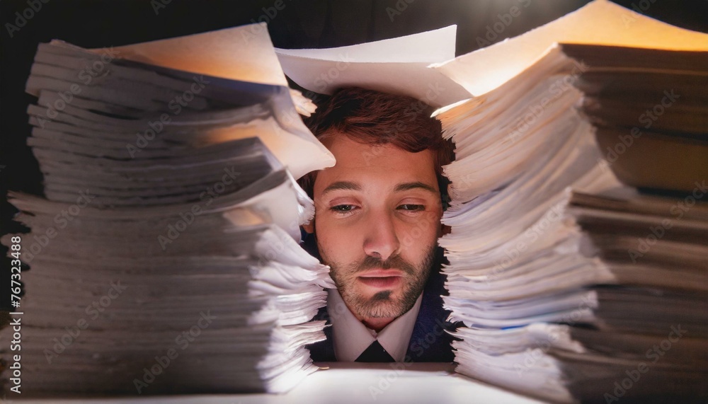 paperwork concept, with person trapped between stacks of paper Stock ...
