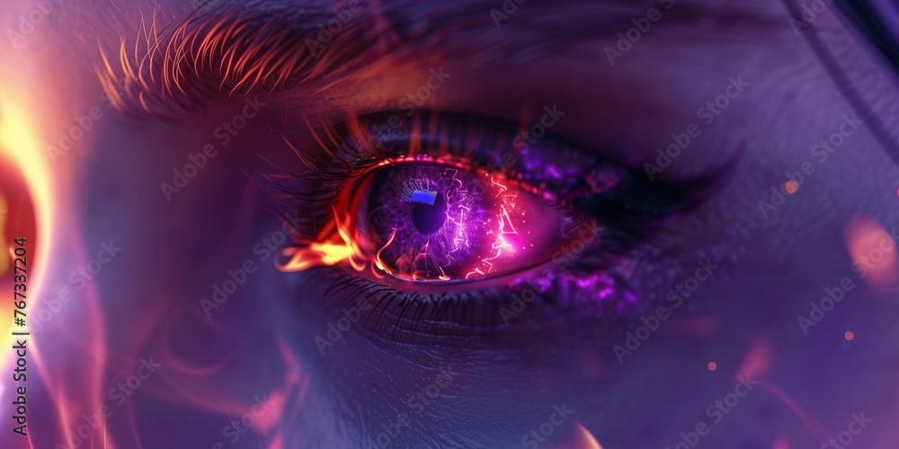 Woman's purple eye in the dark. Fire. Piercing eyes. Burning demonic ...