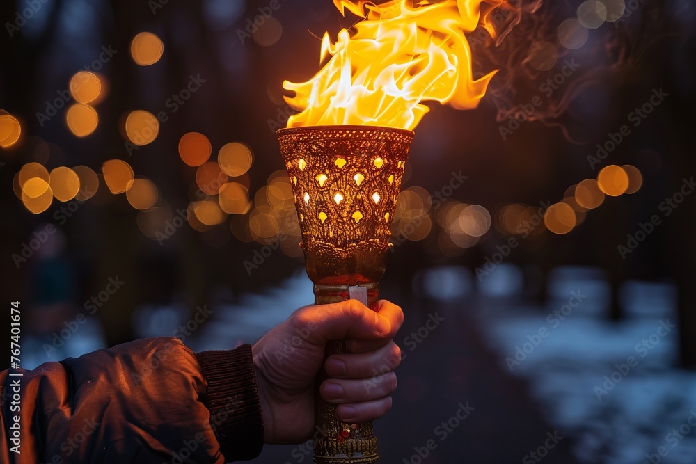 Lighted torch in hand Concept: an image for relay races and competitive ...