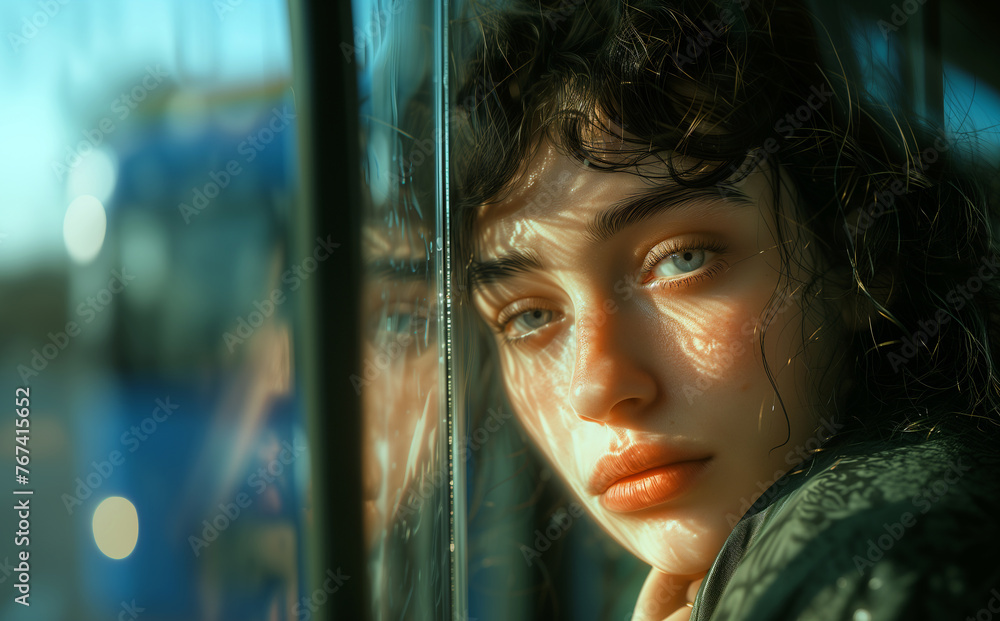 Portrait of beautiful sad young woman pensive looking through the ...