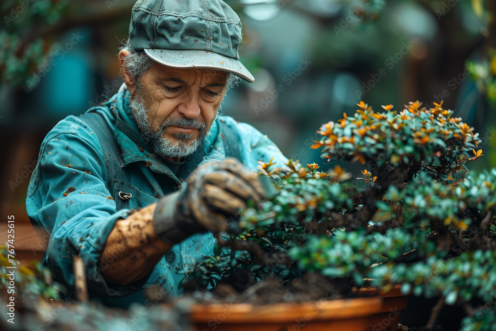 A seasoned gardener meticulously pruning an intricate topiary, shaping nature into an elegant ...