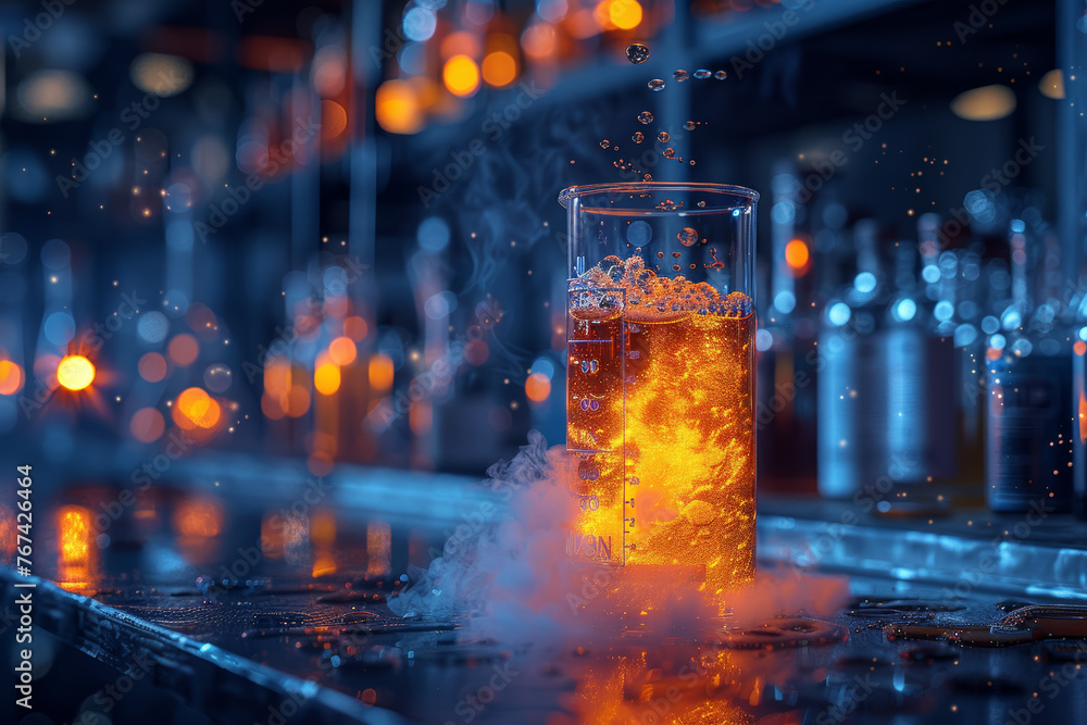 A glass beaker filled with bubbling chemicals, exemplifying the dynamic ...