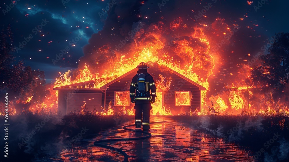 Firefighter approaching a fully engulfed home at night. Heroic ...