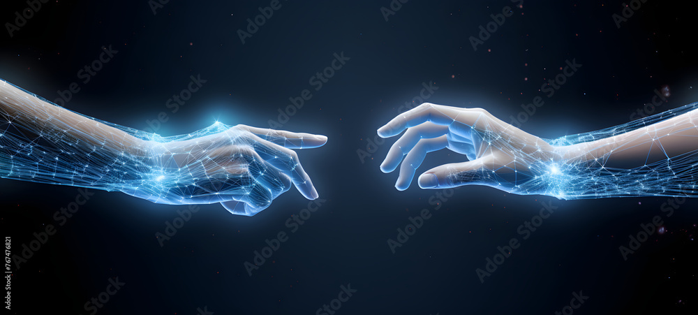 Pixelated hands reaching out from screens to shake in a virtual ...