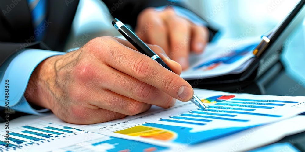 Office worker checking statistics and charts to track key performance ...