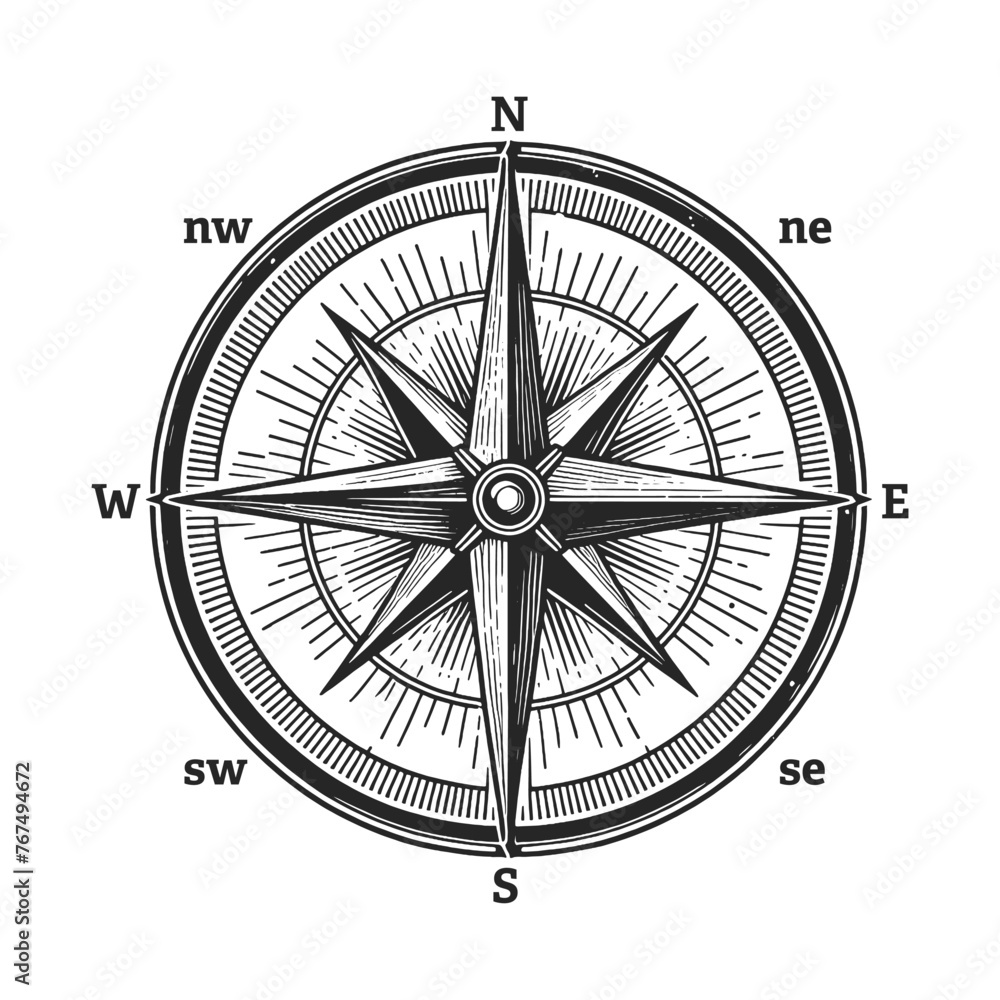Wind rose Nautical Compass map sketch engraving generative ai fictional ...