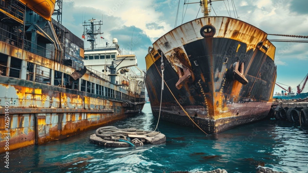 Old ships moored at a busy dock - Old, rusting ships moored in a dock ...