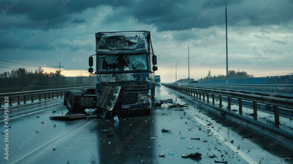 Overturned truck on a deserted wet highway - A gloomy scene with an ...