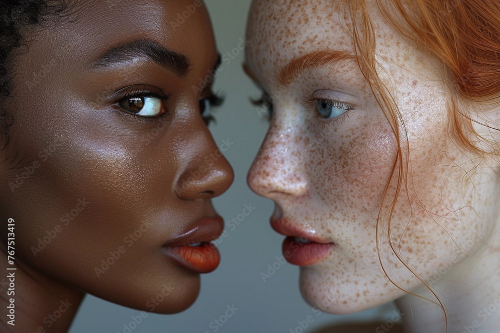 Close up fashion portrait two different races women hugging, black ...