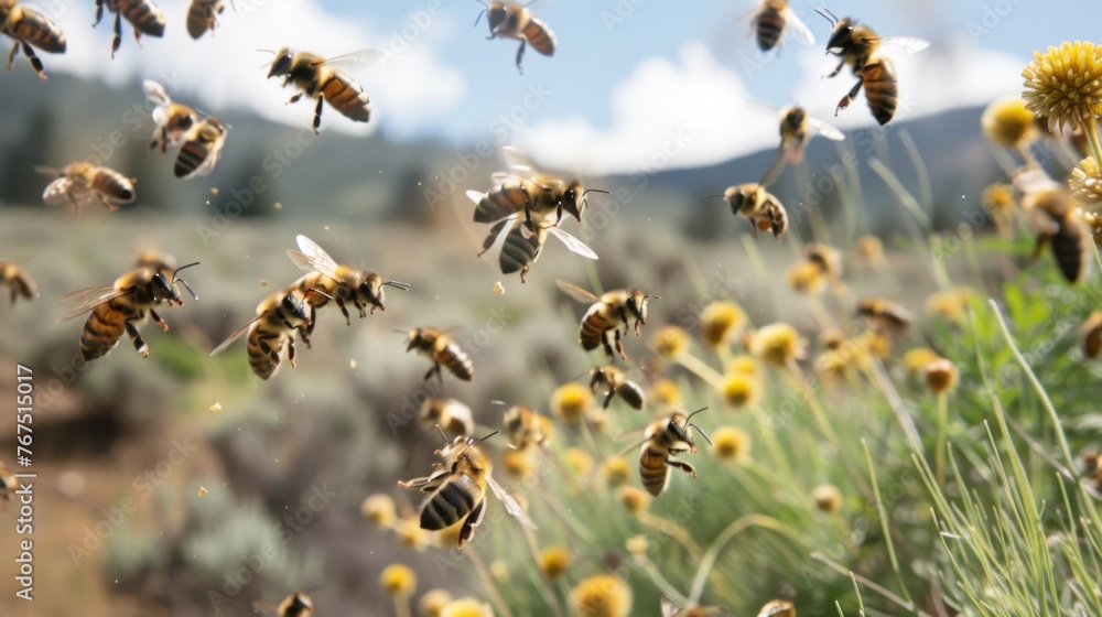 A swarm of buzzing bees pollinates the few remaining flowers brave ...