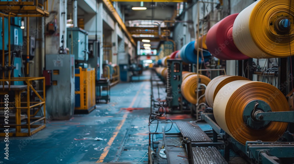 Industrial view of textile factories. Big rolls of fabric, ready to be ...