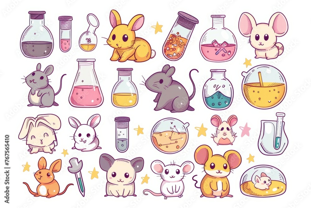 Cartoon cute doodles of adorable lab animals like mice, rabbits, and ...
