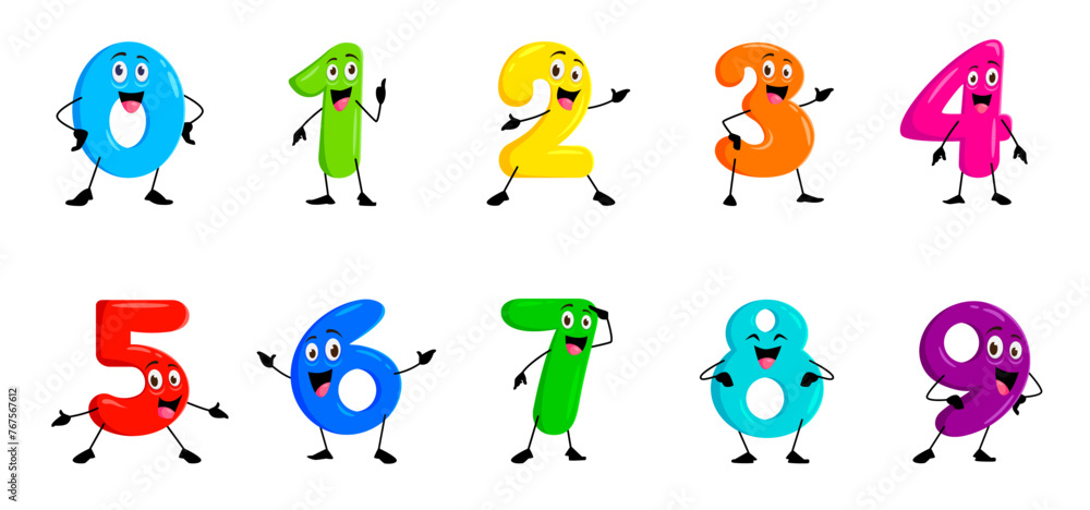 Cartoon funny math number characters for kids mathematics or birthday ...