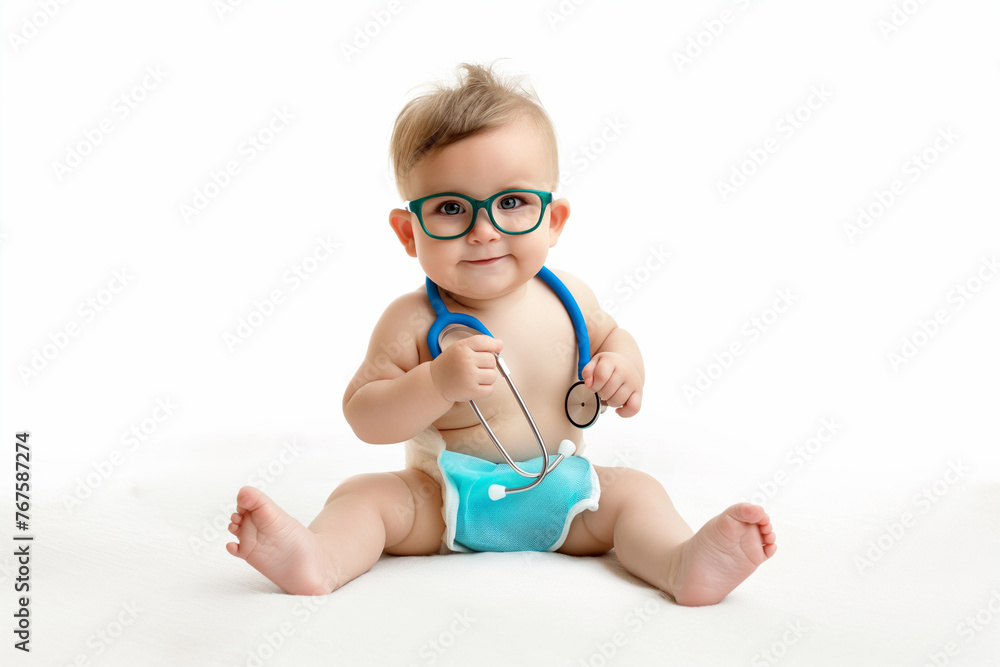 cute baby with in blue diapers with stethoscope and glasses and act ...