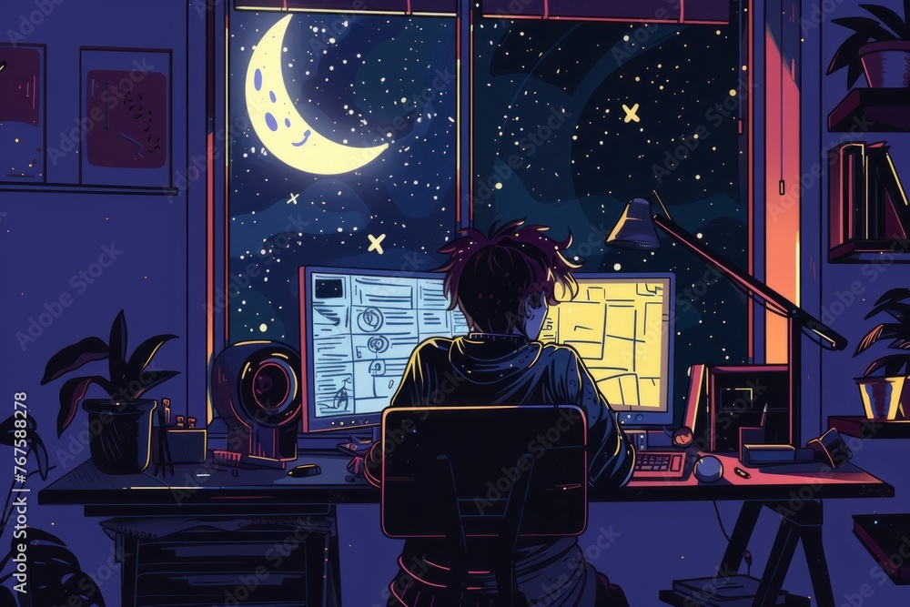 Cartoon cute doodles of a digital designer working late into the night ...