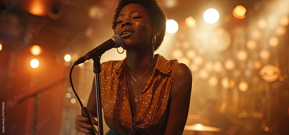 Black woman singing into microphone vocalist on stage in concert hall ...