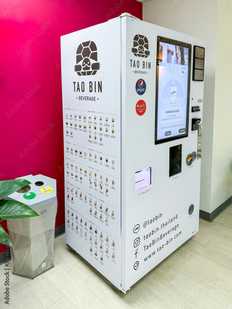 Bangkok Thailand - 19 Mar 2024: Tao Bin Soft drink vending machine standing for service customer ...