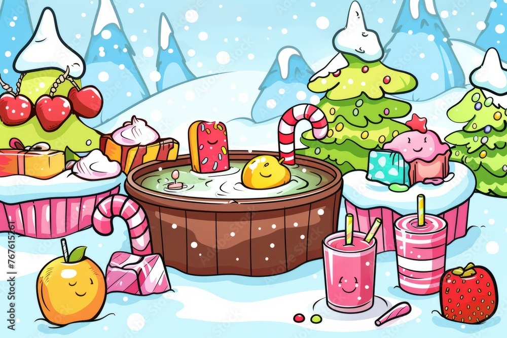 Cartoon cute doodles of a candy spa where guests relax in hot tubs ...