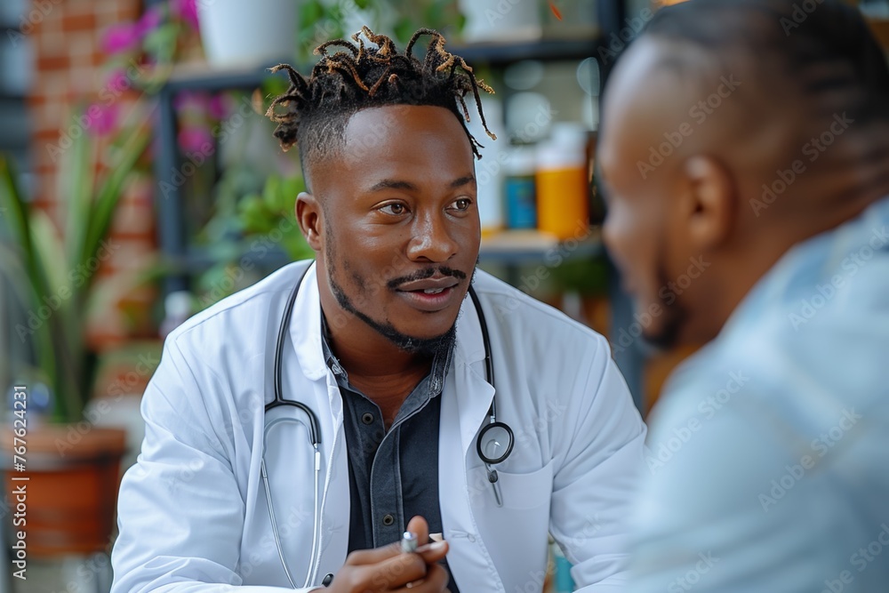 Black doctor and patient with status health update and advice report ...