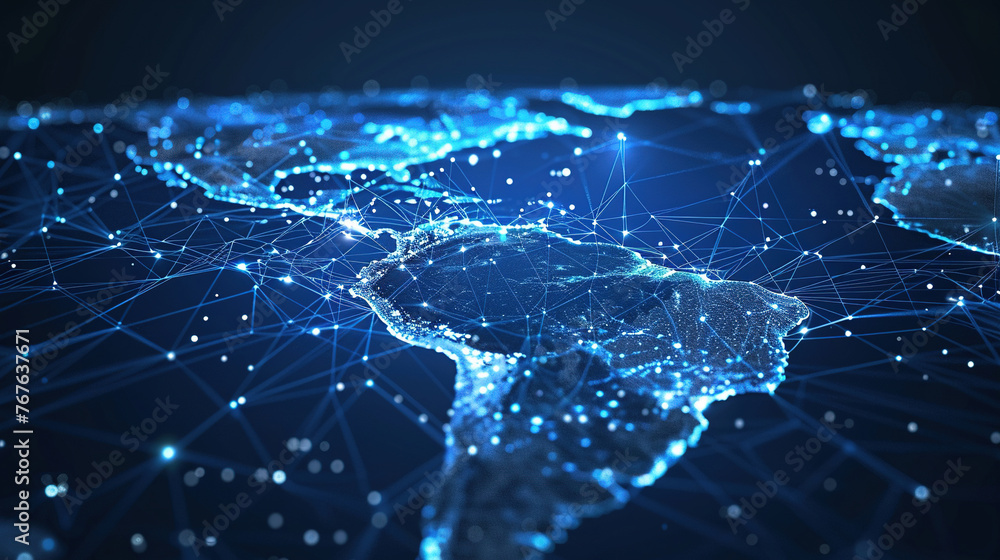 Abstract digital map of South America, concept of global network and ...