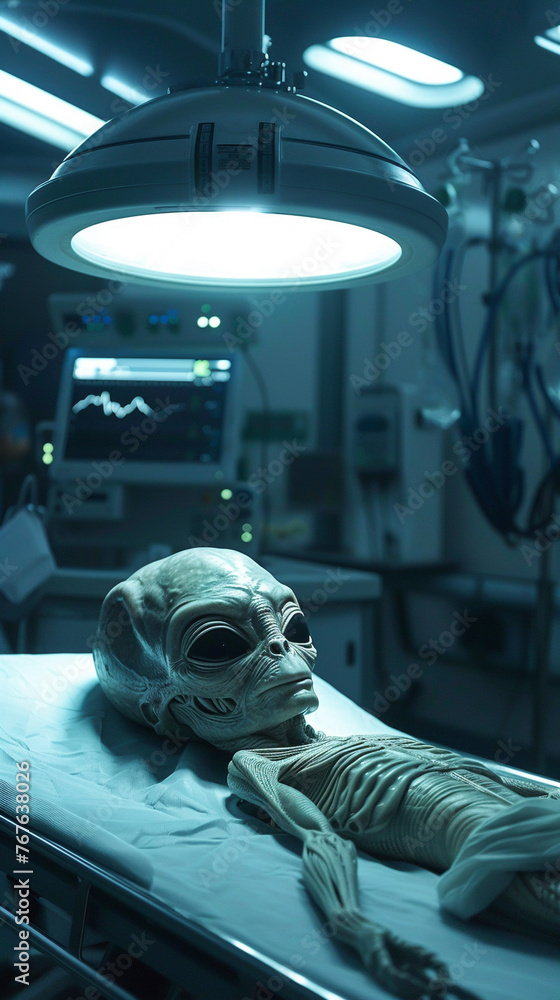 An alien lies on a surgical table as human doctors successfully ...
