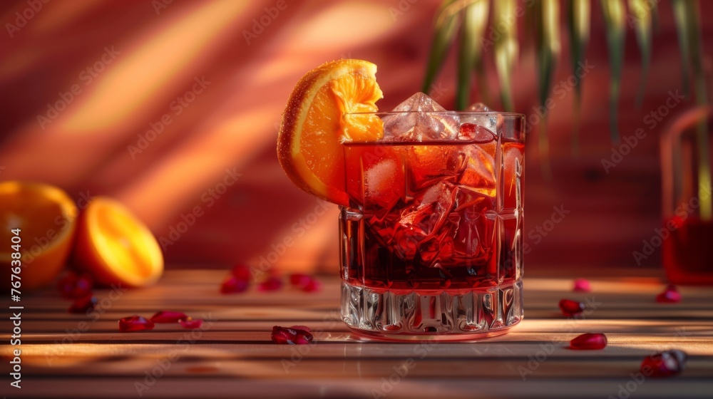 Stock-Illustration „A Negroni cocktail presented against a red sunny ...