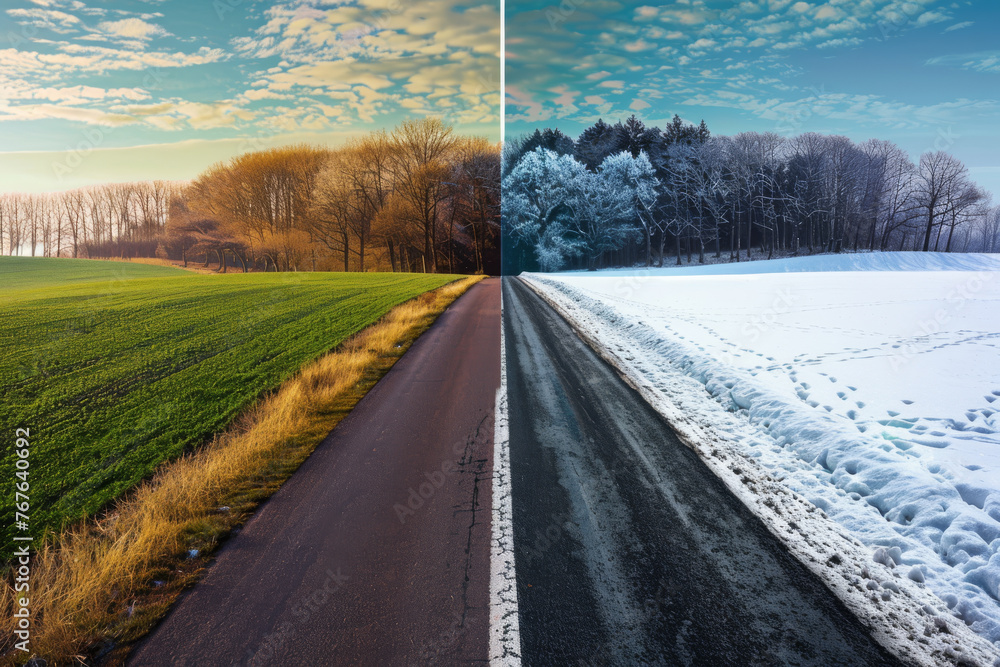 Combining images of winter and summer seasons on the road visually ...