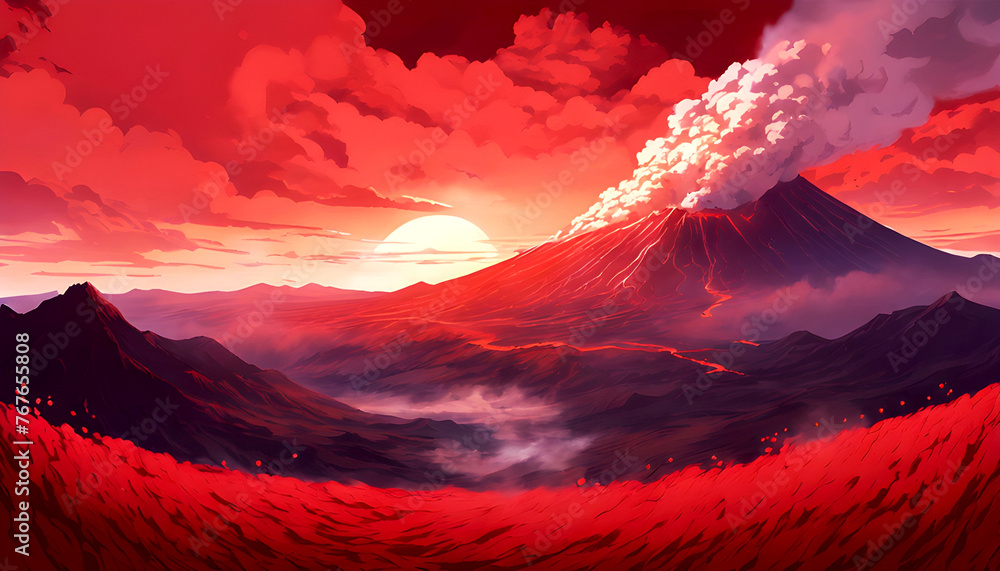 Red Sunset Sky Landscape with Volcanic Eruption in a smoke, Anime ...