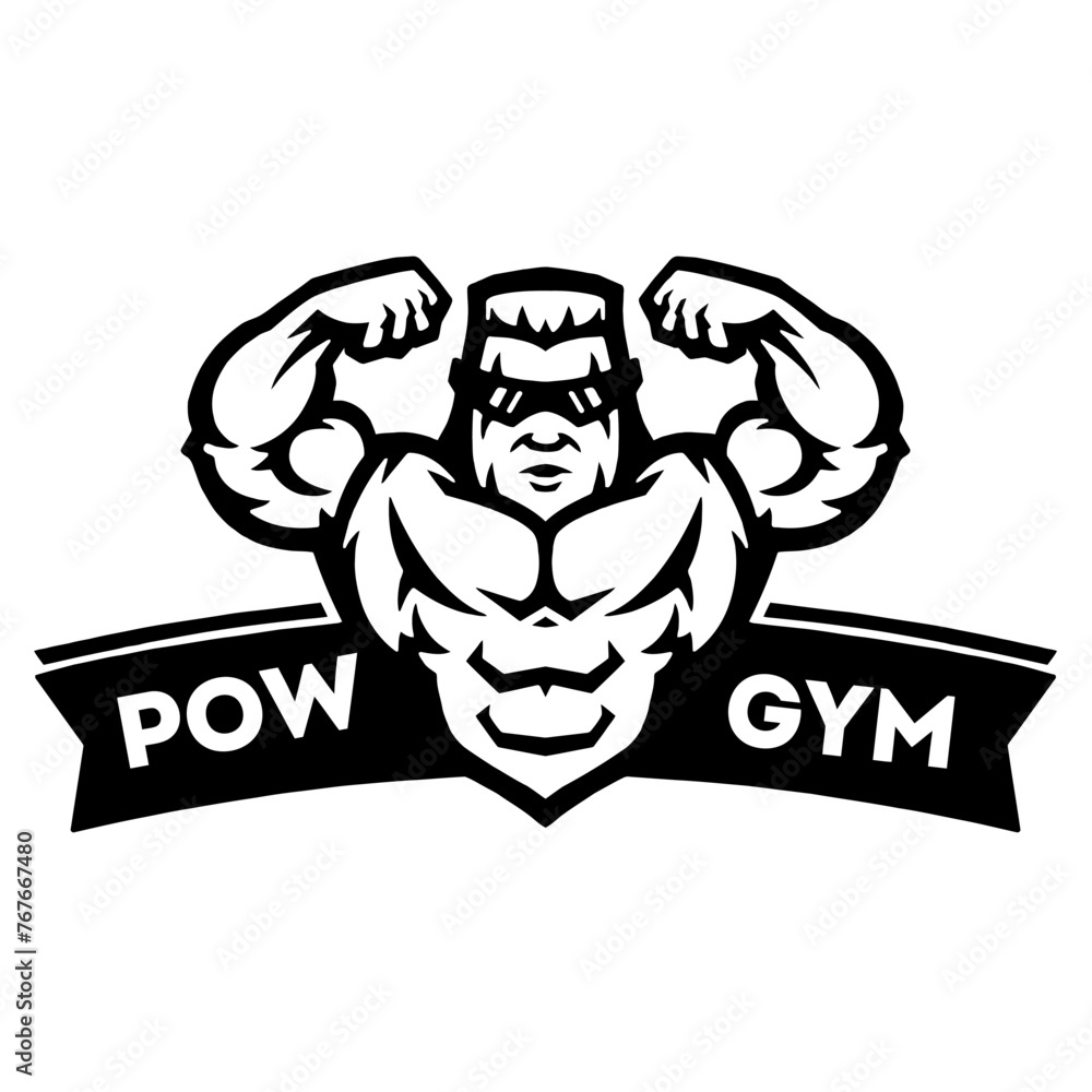 Cartoon muscular bodybuilder in sunglasses shows biceps, vector, logo ...
