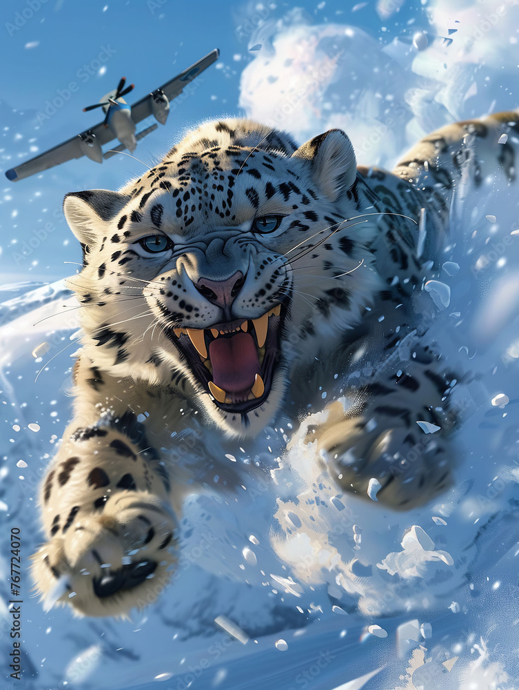 Cartoon snow leopards, plane loops above globe, laughter, bright ...