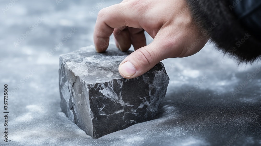 Using hands to pick up a strangely shaped rectangular stone, its ...