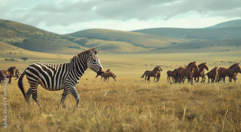 A photo of an epic scene with one zebra leading the way in front ...