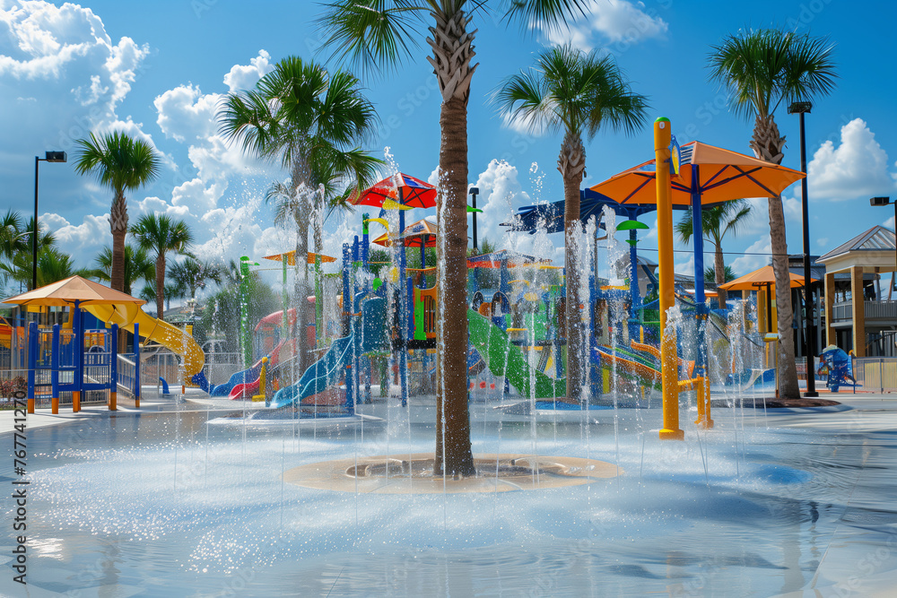 splash zone in aqua park, swimming and wet play for kids at a ...
