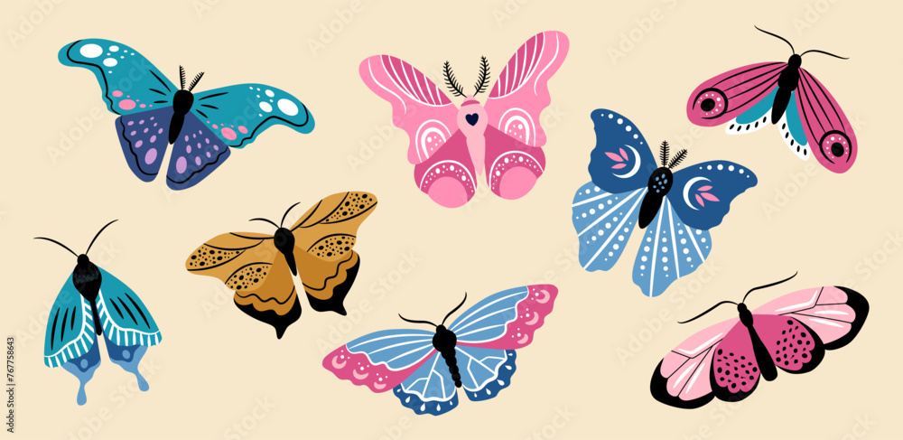 Beautiful butterflies of different shapes on beige background. Vector ...