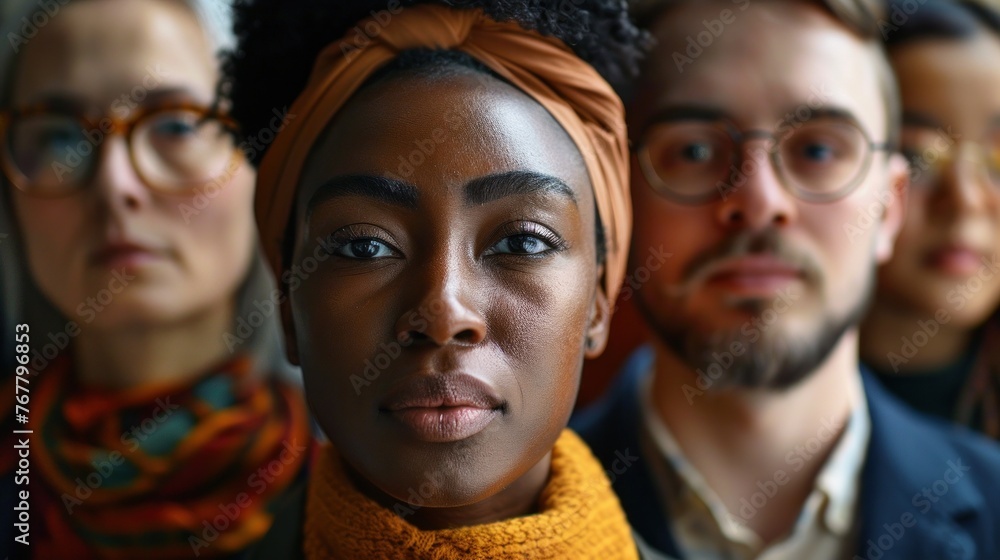 Diverse group of focused professionals standing together in modern ...