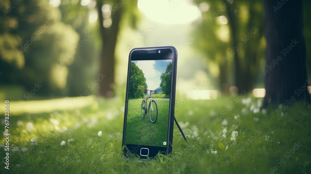 A smartphone set against a lush park background, its screen creating a ...
