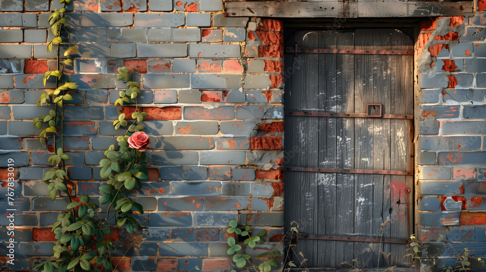weathered wooden door on a crumbling brick wall. Vines creep through ...