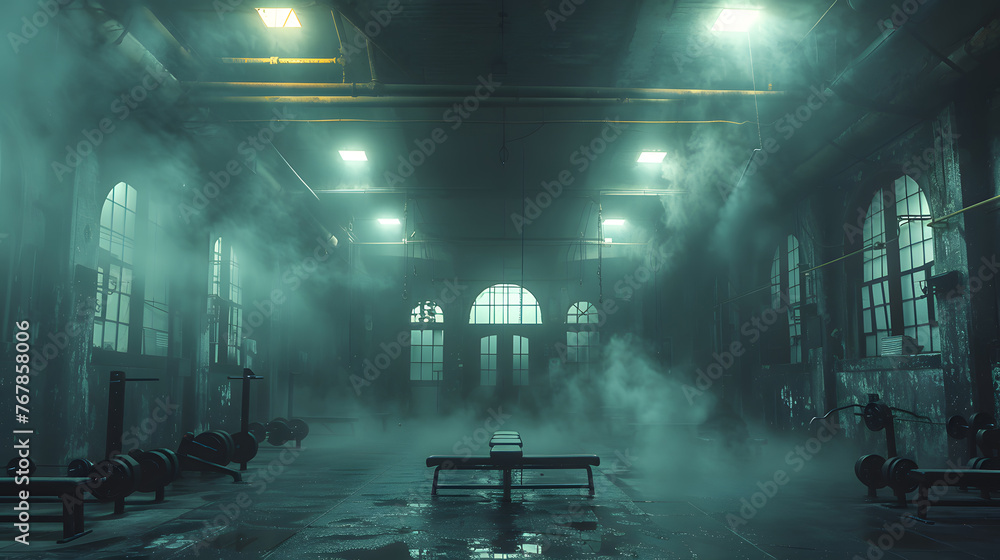 The scene of a fog-enshrouded gym with vintage weightlifting gear ...