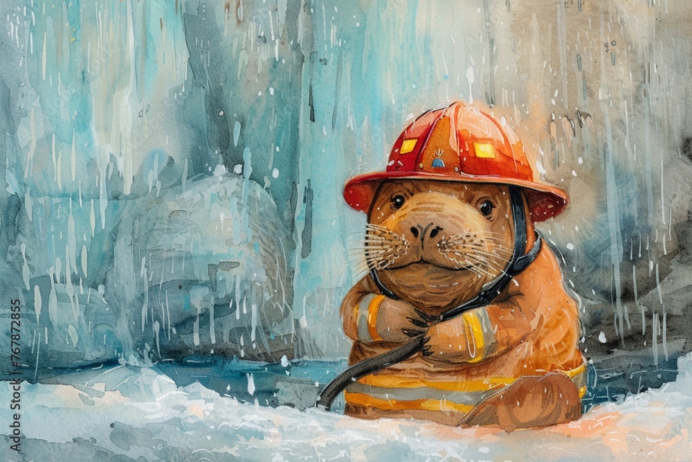 Cute walrus firefighter with a fire helmet soft pastel watercolor icy ...