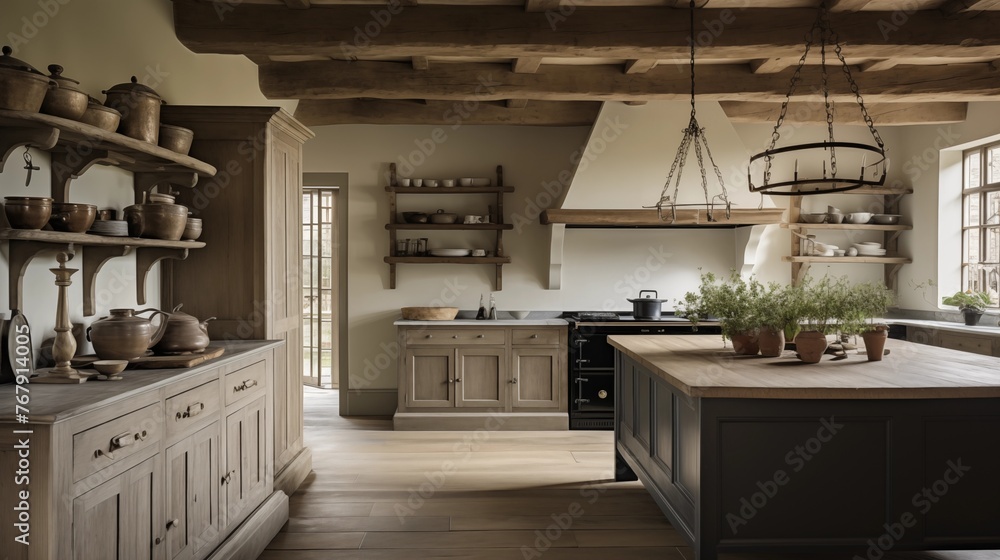 Cozy yet refined Belgian farmhouse kitchen with wood beams, plank ...
