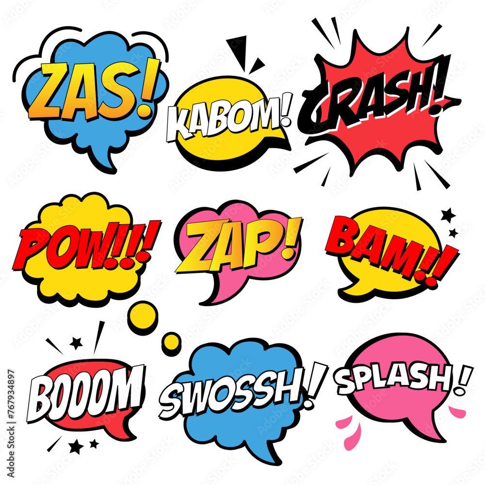 colorful comic bubbles in light blue, red, yellow, and pink with ...