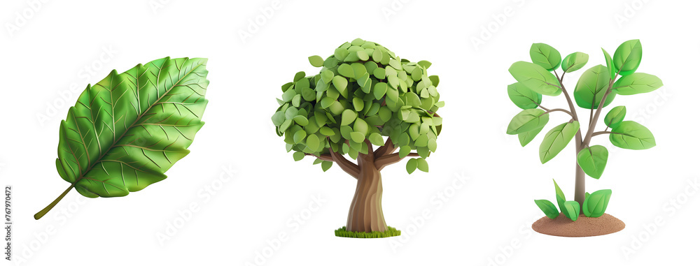 3D Cartoon Nature Set for Earth Day: Growing Tree, Falling Leaf, and a ...